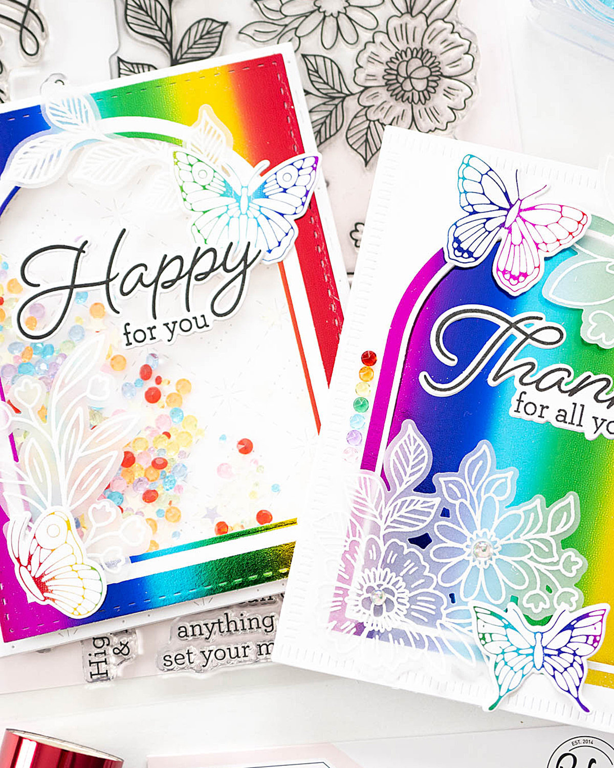 Rainbow Foiled arch cards featuring Happy for You from Pinkfresh Studio ...